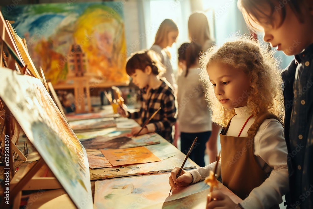 Group of kids drawing class in the Art School. Children painting. Stock ...