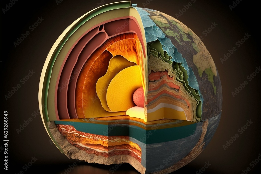 3D model displaying Earth's core & inner structure layers; geological ...