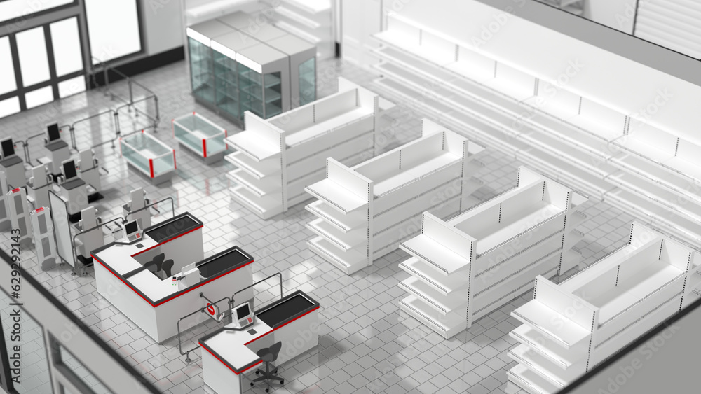 The interior of the trading floor of the store with shelves ...