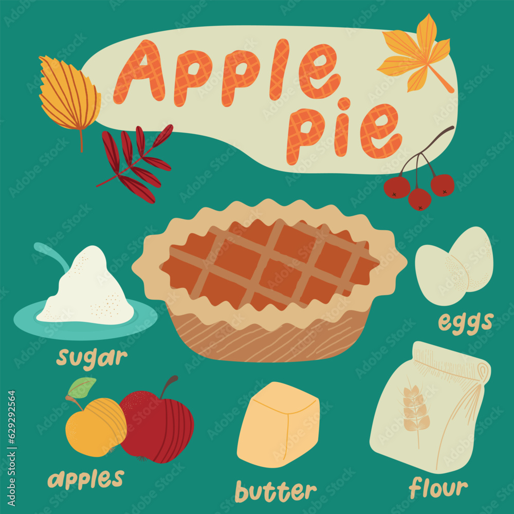 Homemade apple pie hand drawn recipe. Print for design of the menu of ...