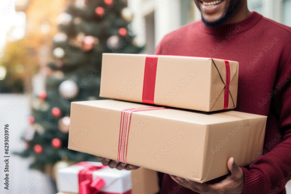 Deliveryman holding gift boxes, fast express shipping delivery concept ...