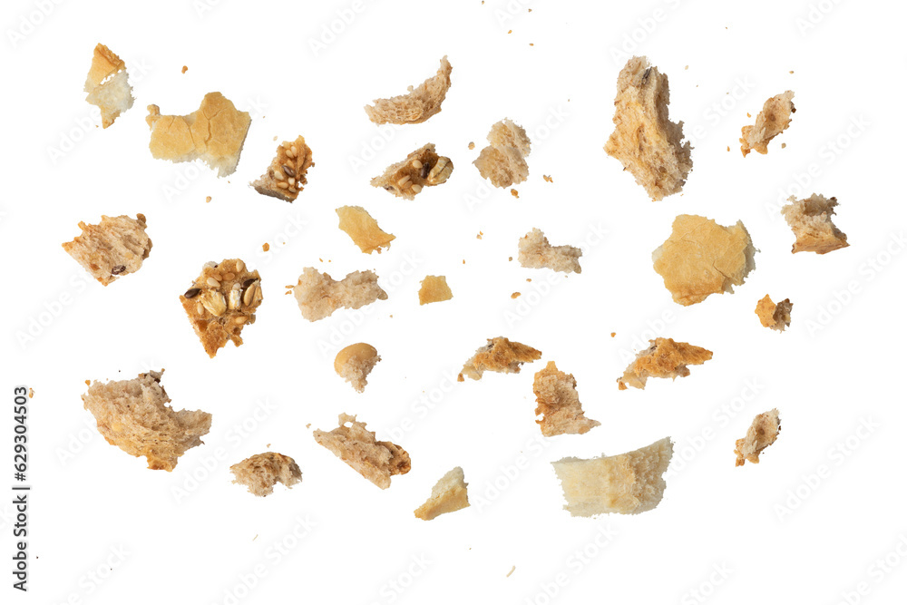 Fresh whole grain bread crumbs isolated on white background. Isolate ...
