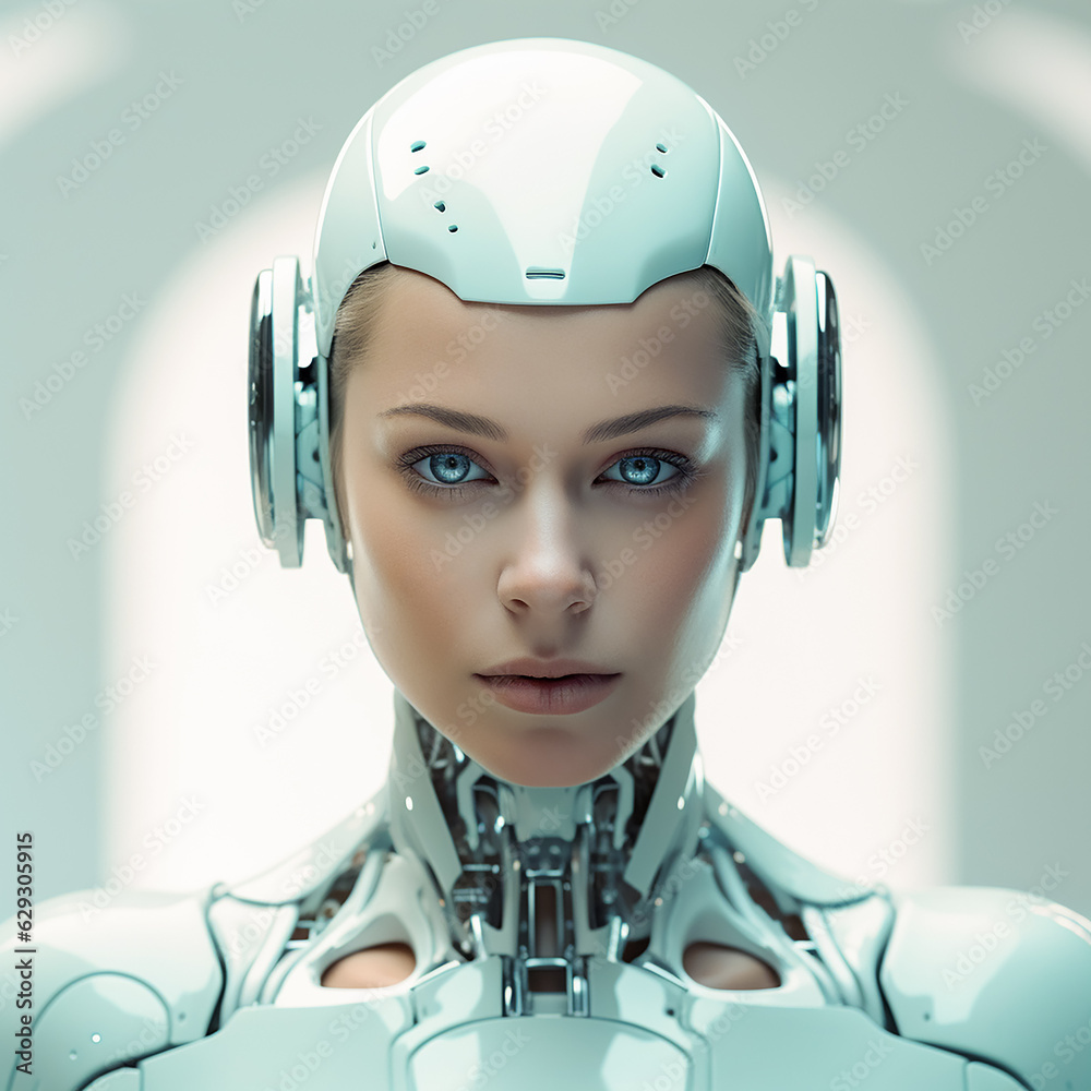Portrait of beautiful female robot, android face, artificial intelligence concept, blurry light ...