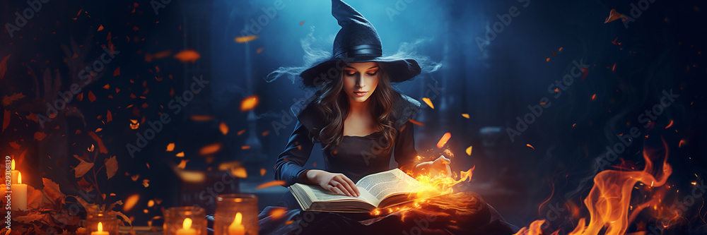 Halloween Witch girl with magic Book of spells portrait. Beautiful ...