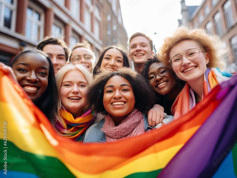 A group of people, regardless of gender, holding up rainbow flags ...