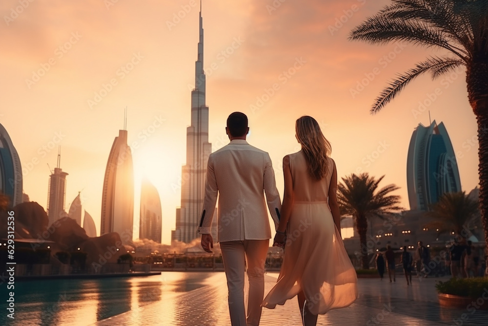 Young couple traveling and walking in Dubai, United Arab Emirates. Mega ...
