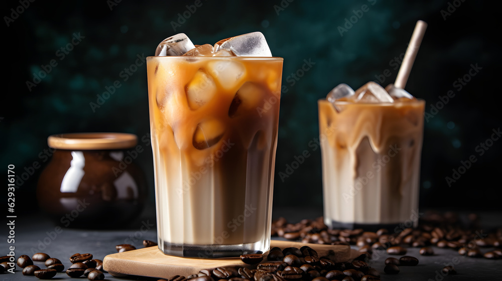 Ice coffee in a tall glass with cream poured over, ice cubes and beans ...