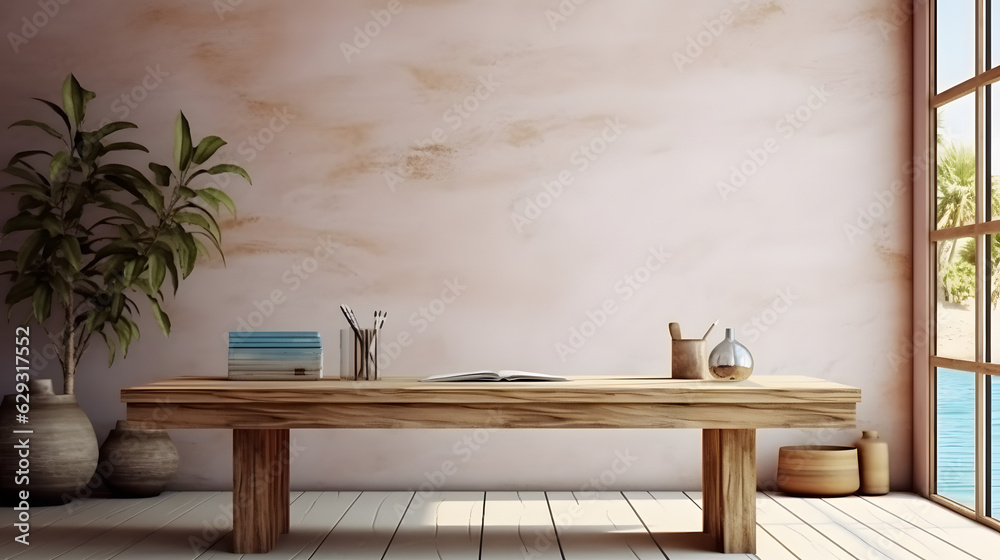 Interior background with painted wall, wooden desk, and light in a ...
