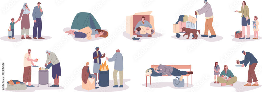 Poverty and refugee problems. Sad poor people sleep on street, homeless ...