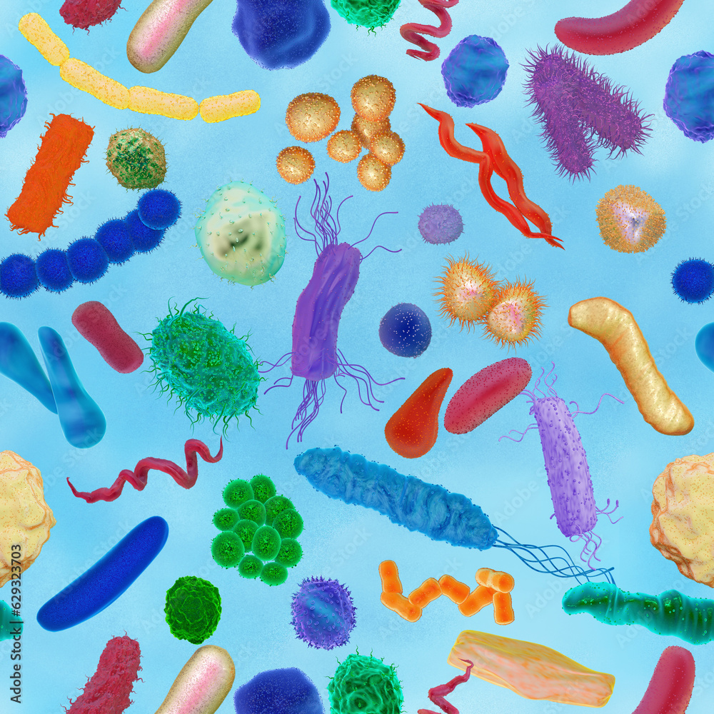 Seamless pattern with different colorful shapes and types of bacteria ...