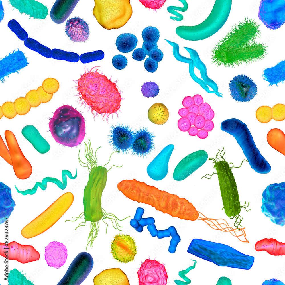 Seamless pattern with different colorful shapes and types of bacteria ...