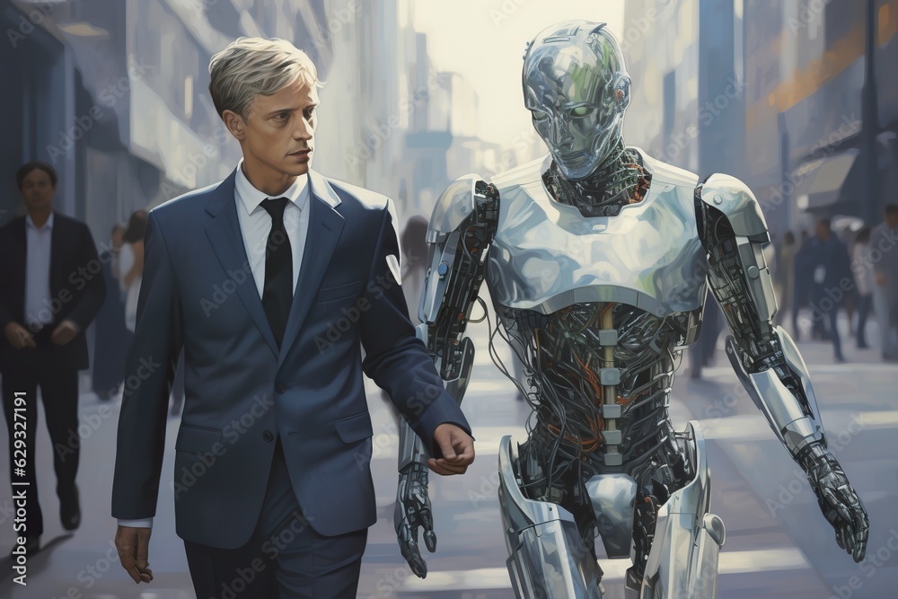 futuristic robot cyborg in partnership with humans concept, studying ...