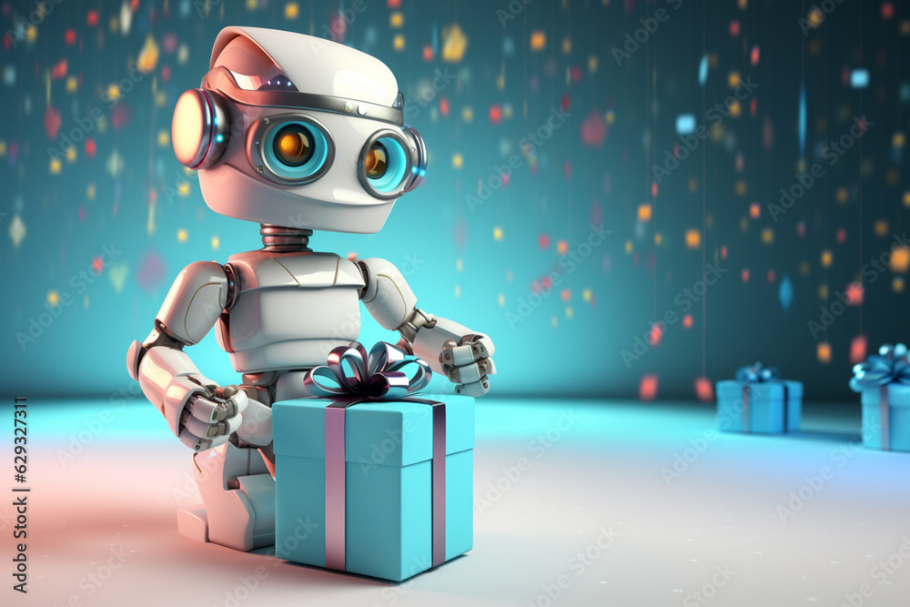 The robot bot gives a gift in a blue box on a festive background ...
