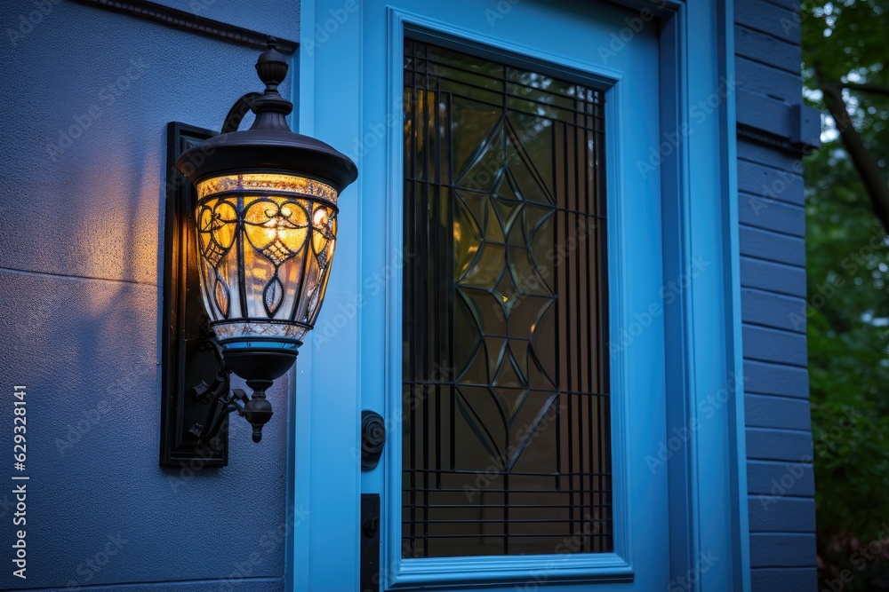 The image shows a detailed view of a sophisticated blue wooden door ...