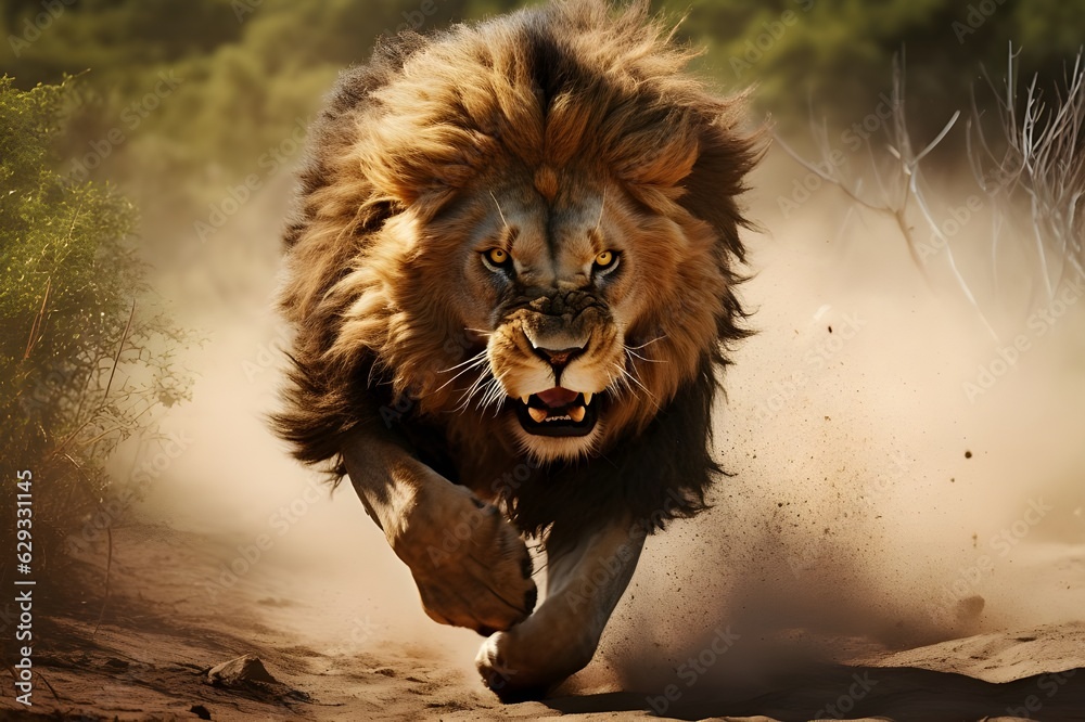 Wild lion charging at the camera in savanna, lion attacking cameraman ...