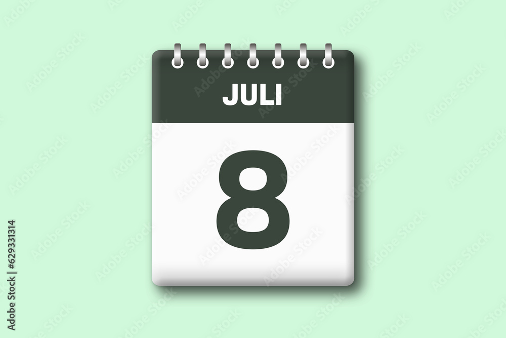 8. Juli - Die Kalender Illustration zeigt ein Kalenderblatt auf gr?nem ...