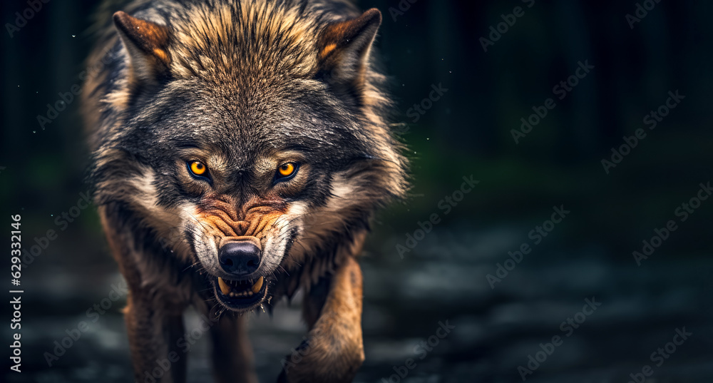 Portrait of a Grey wolf angry in the forest. roaring wolf, digital ai ...