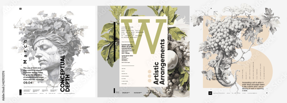 Ancient Greek painting and sculpture. Antique bust, branches with ...