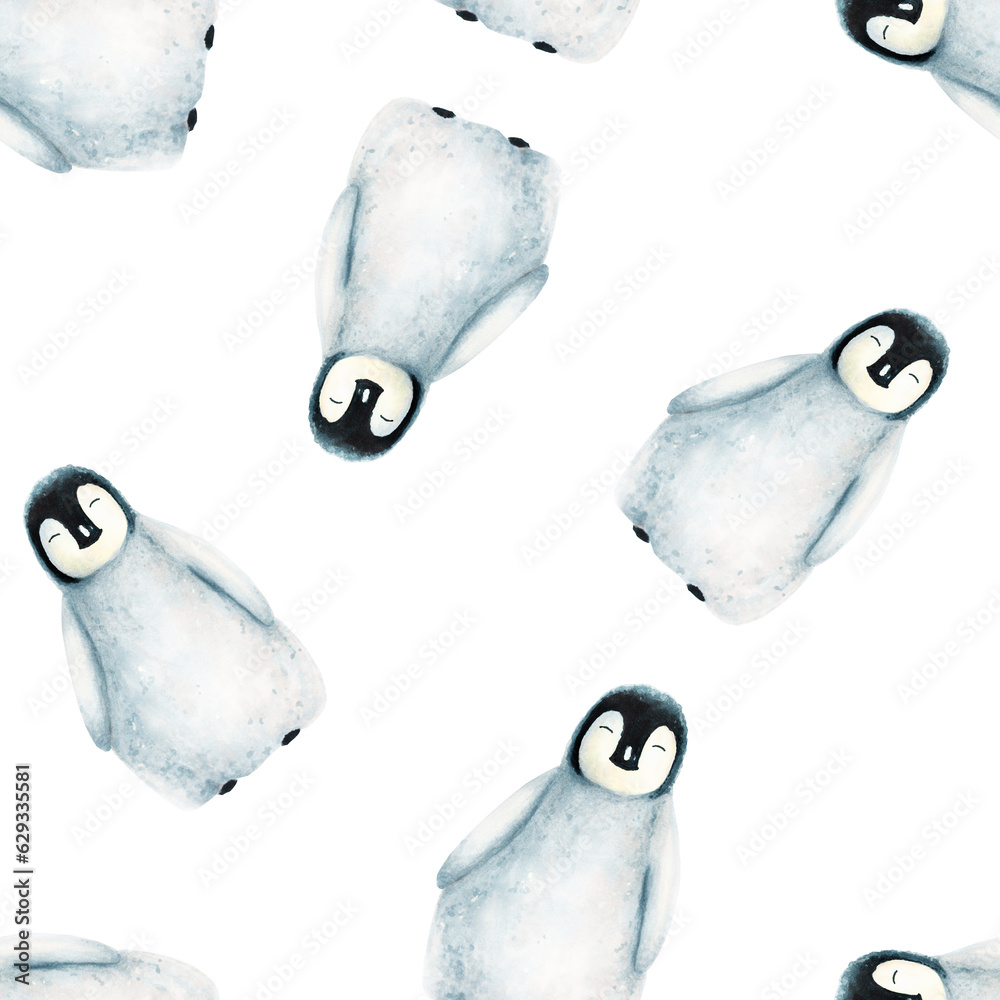 Watercolor seamless pattern with king penguins family isolated. Hand ...