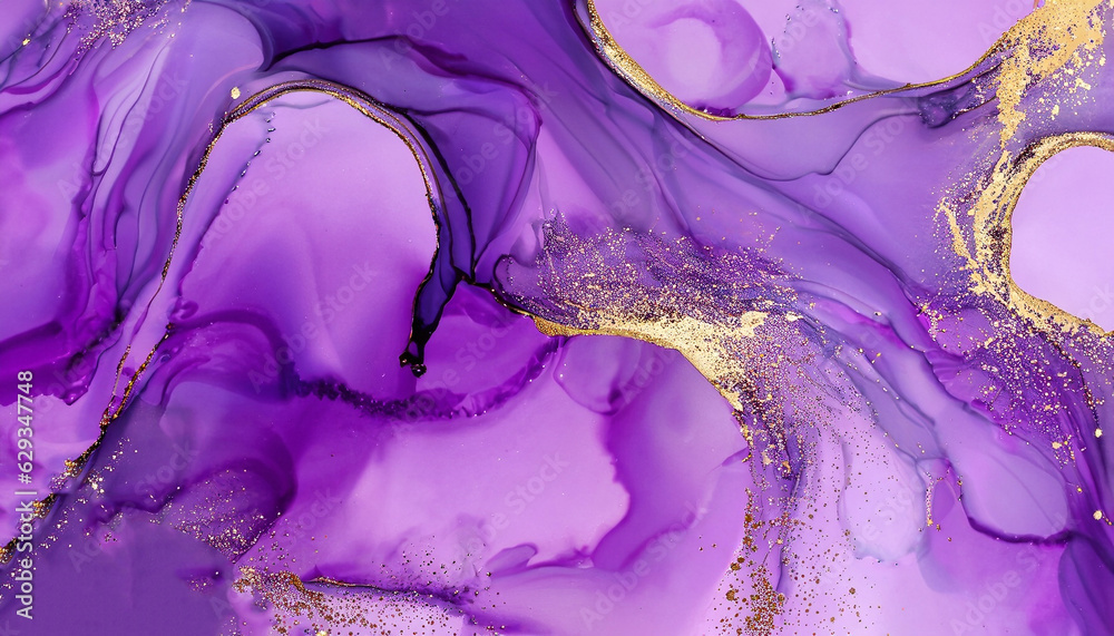 Luxury purple and gold stone marble texture. Alcohol ink technique ...