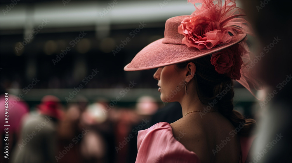 young woman in a beautiful elegant red hat on the hippodrome before the ...