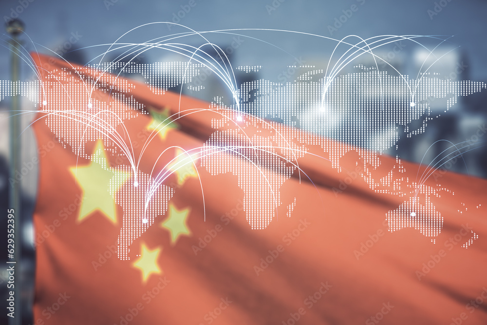 Foto de Abstract virtual world map with connections on Chinese flag and ...