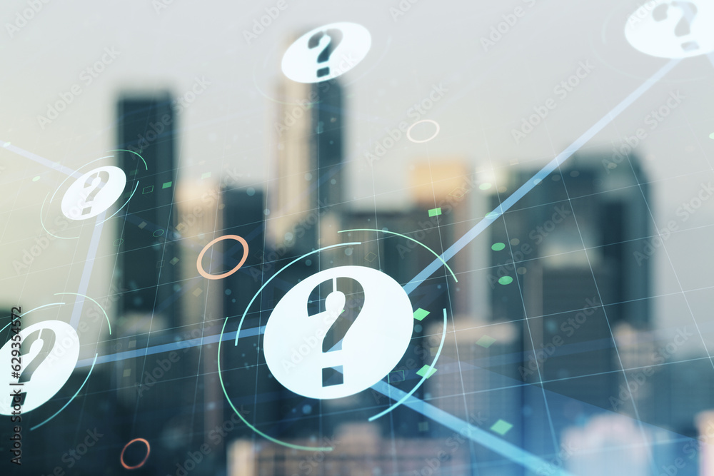 Abstract virtual question mark sketch on blurry office buildings ...