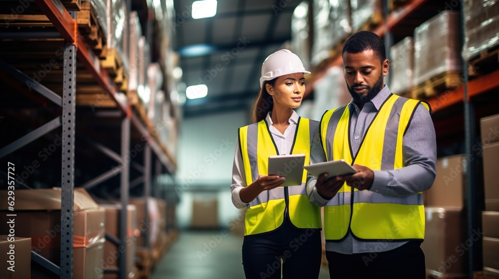 Warehouse workers record inventory using a computerised tablet ...