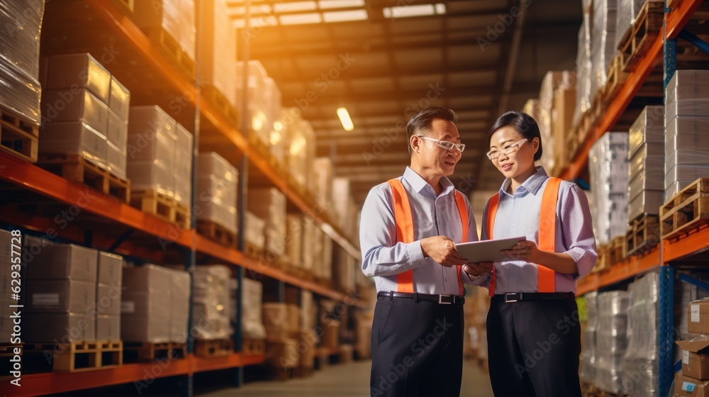 Warehouse workers record inventory using a computerised tablet ...