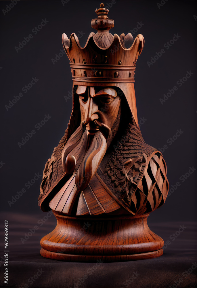 Roughly carved wood figurine of a chess king. Homemade figure of a ...