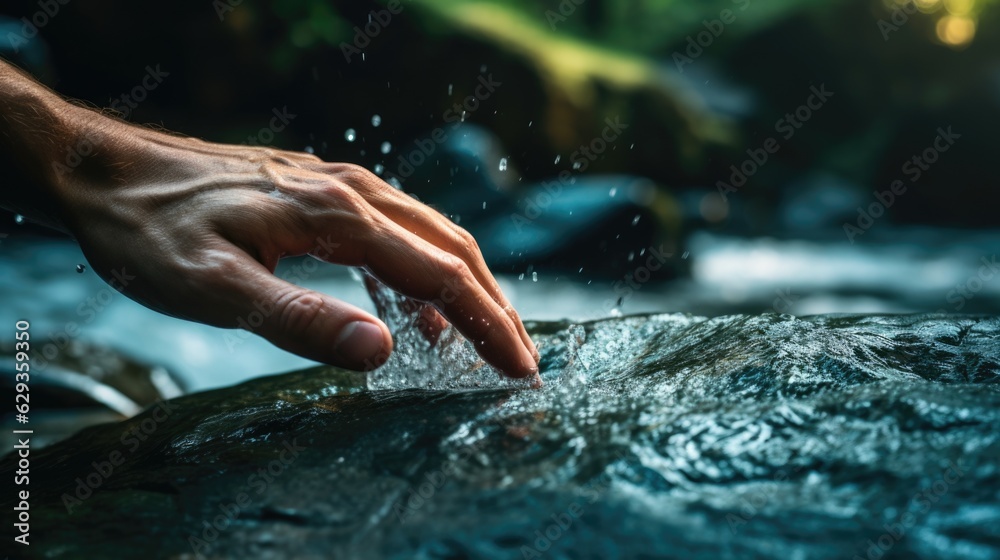 person's hand touching the water at the base of a waterfall generative ...