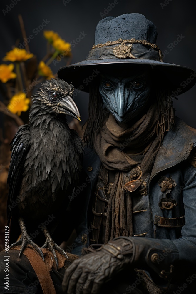 A creepy costume of a raven scarecrow witch. Generative AI. Stock Photo ...