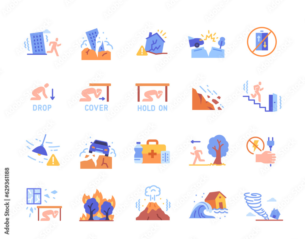 Natural disaster icons set. Self help for fire and thunderstorm ...