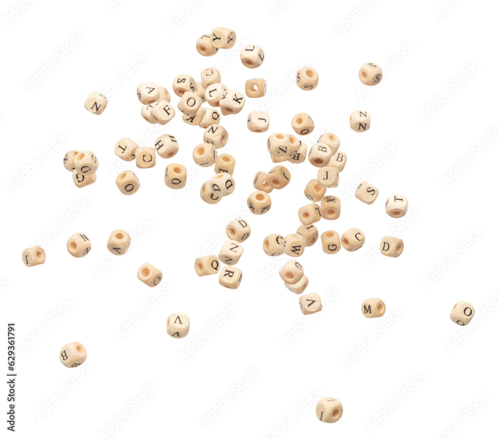 Alphabet letter word wooden bead explode fly in air. Many group of ...