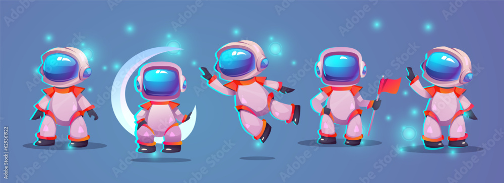Cute little astronauts set. Spacemans in helmet and suit jump and pose ...