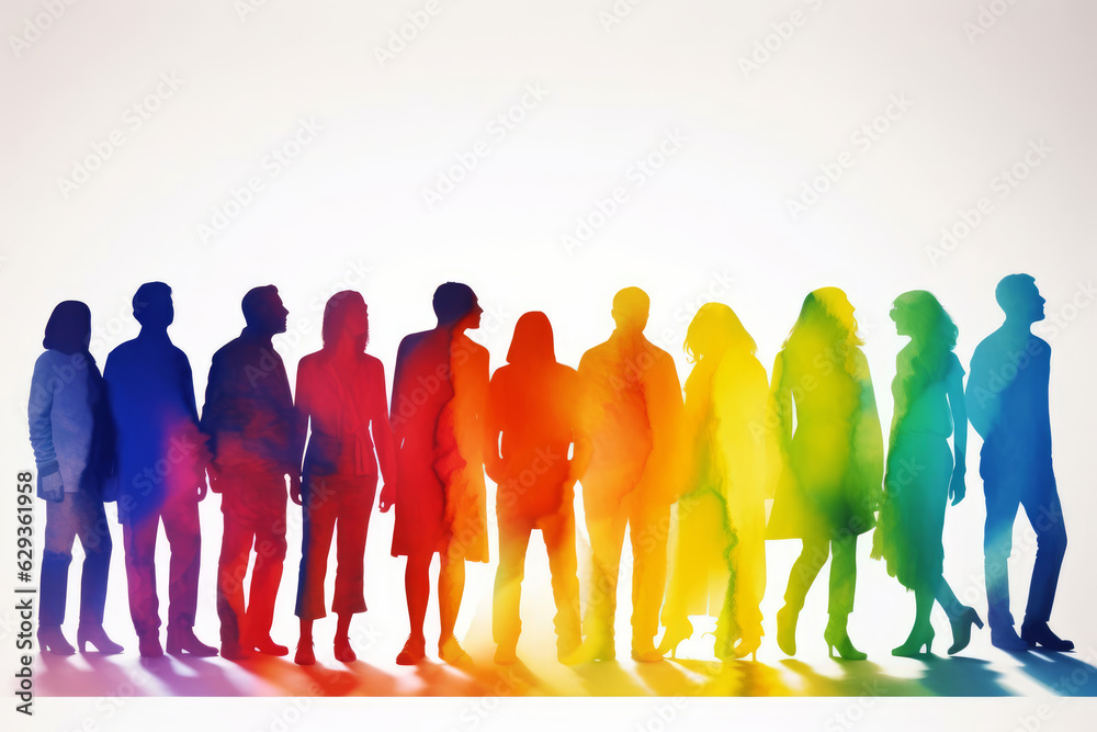 Group of divergent people over rainbow background. Community of diverse ...