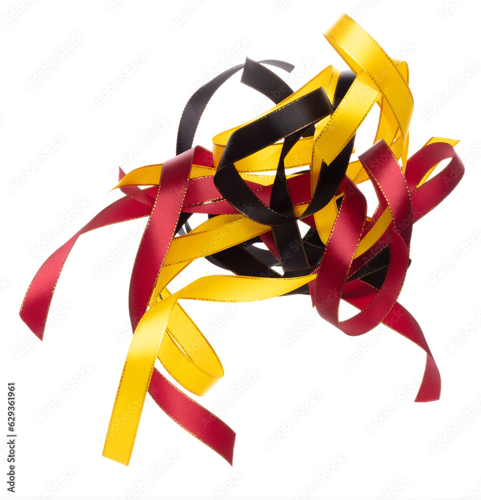 Black gold red ribbon long straight fly in air with curve roll shiny ...