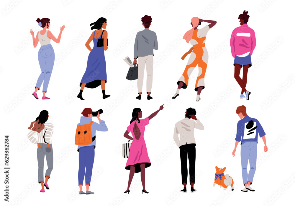 People back rear view set. Diverse characters turned backside in casual ...