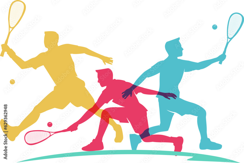 Colorful vector editable squash player poses for any graphic background ...