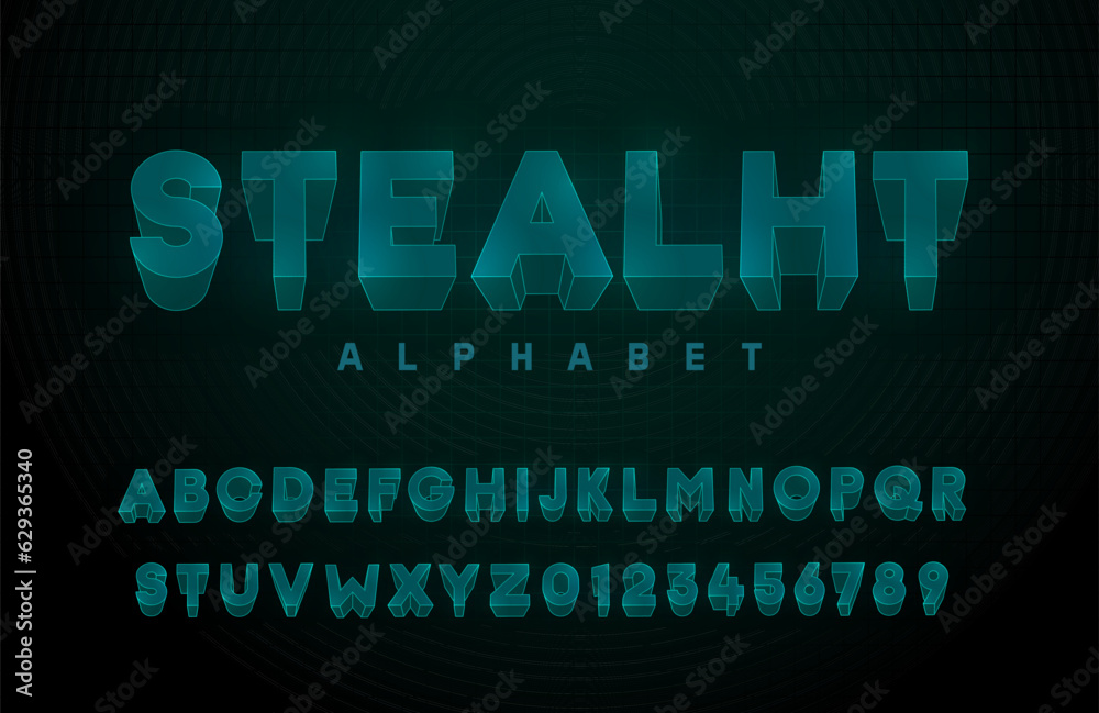 Stealth premium alphabet in green night vision colors. Vector 3d neon ...