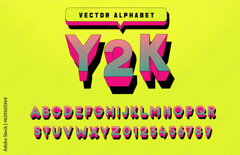 Y2K vector premium alphabet. 3D filled outline gradient font. Text ...