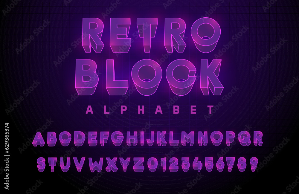 Retro block premium alphabet in purple violet colors. Vector 3d neon ...