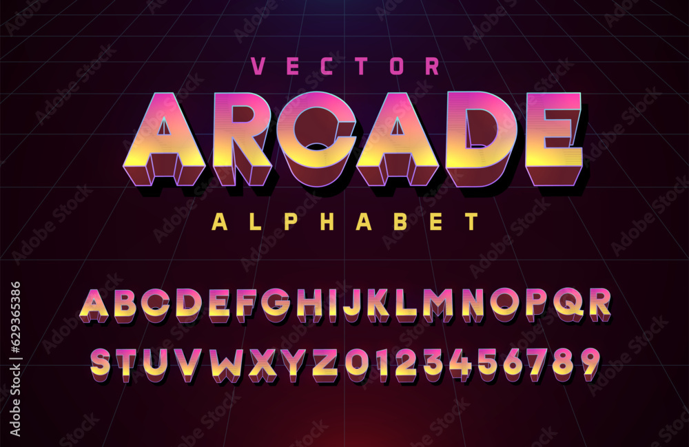 Vector arcade premium alphabet in yellow, orange red colors. Vector 3d ...