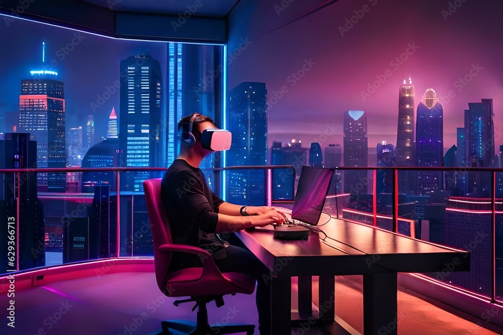 futuristic gaming room filled with neon lights, an immersive virtual ...