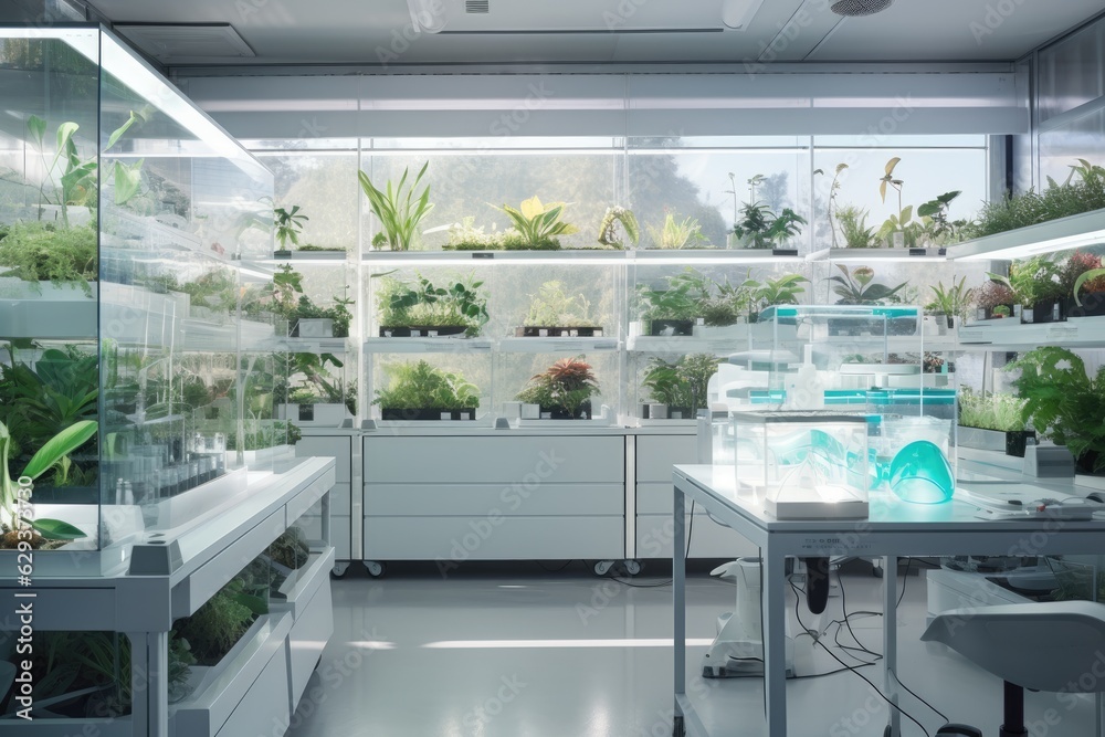 Futuristic agriculture hydroponics lab with scifi experimental growing ...