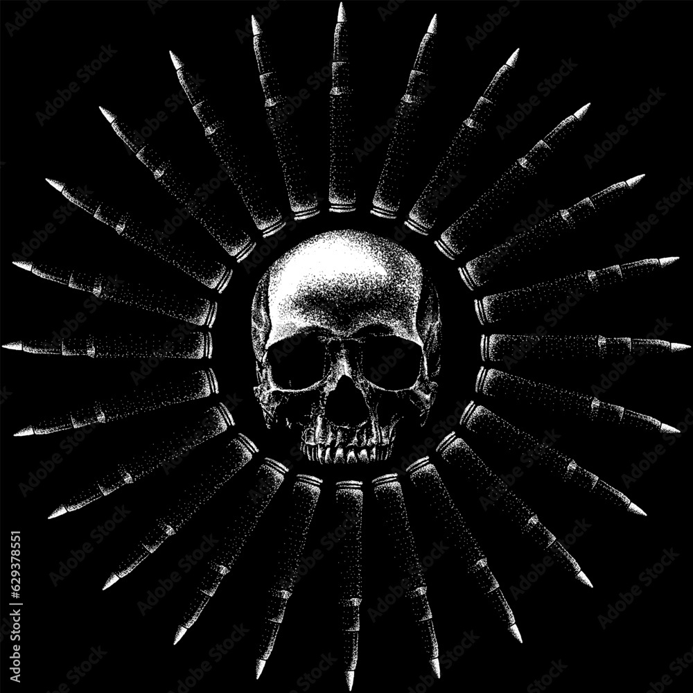 skull inside bullets circle hand drawing vector isolated on black ...