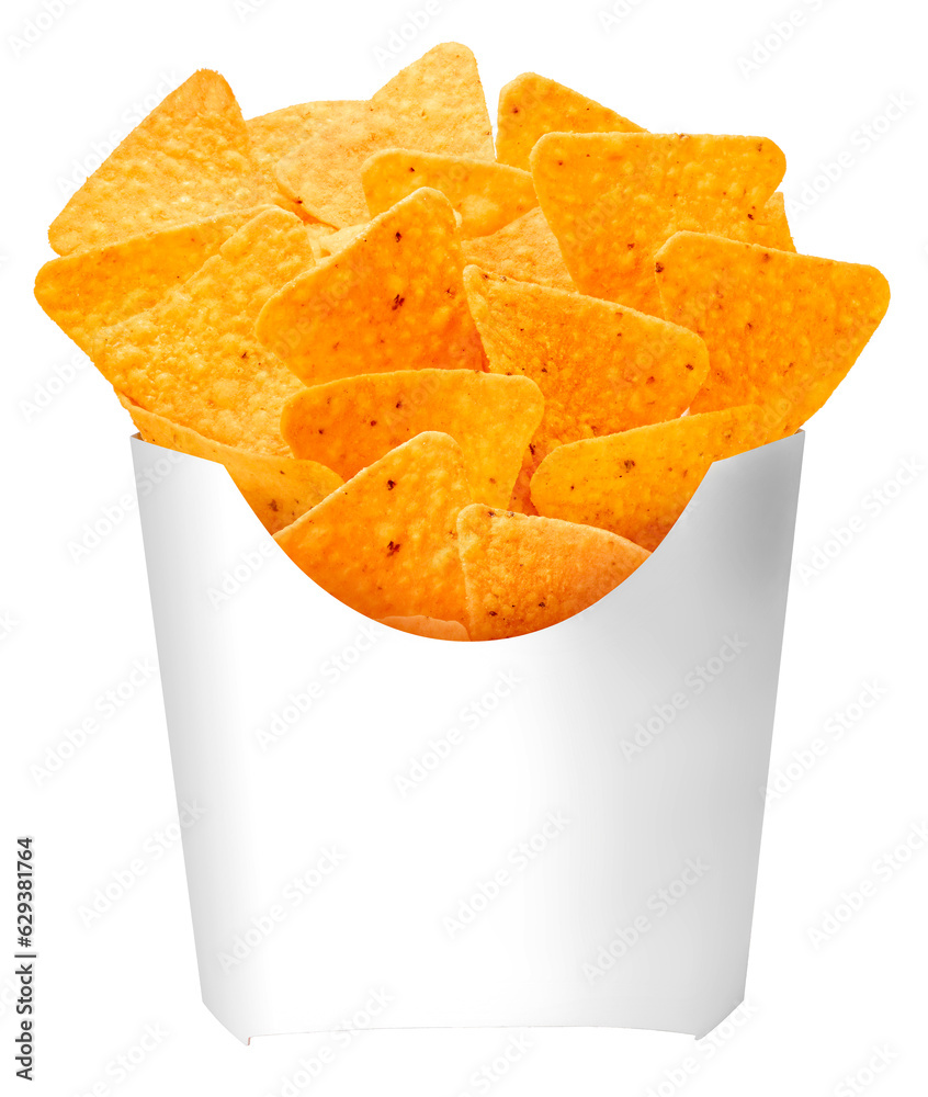Crispy nachos in paper bucket isolated on white background, Corn chips ...