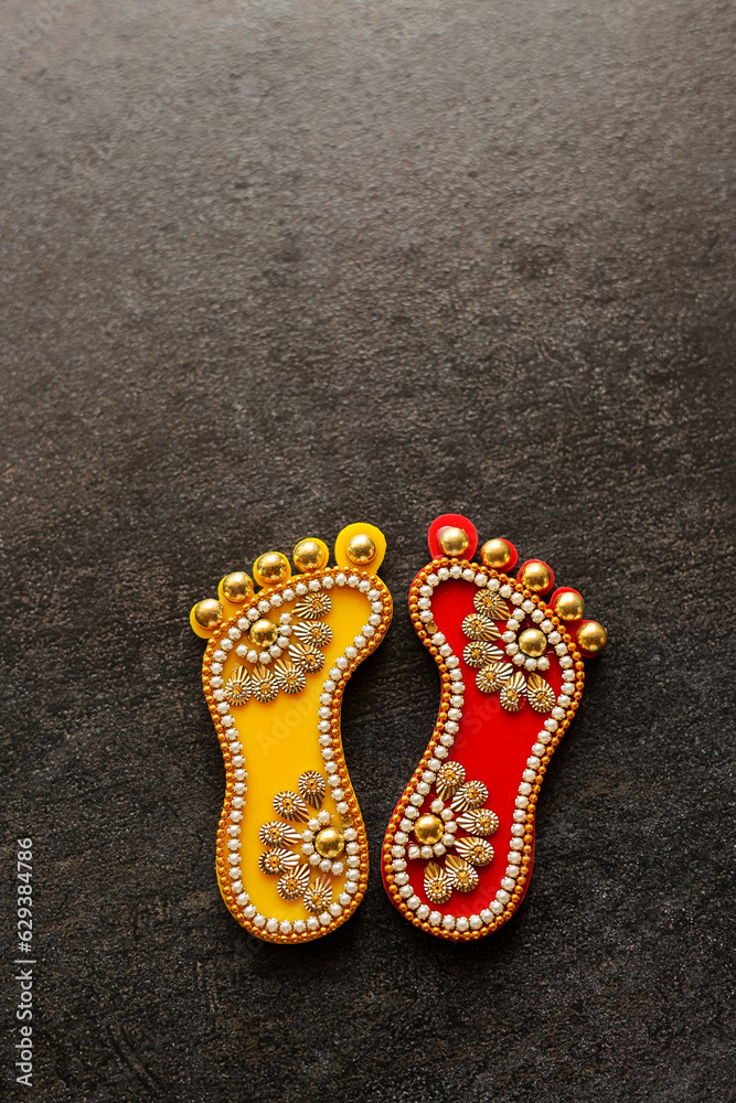 Dhanteras goddess golden feet. Thali for festival celebration to ...