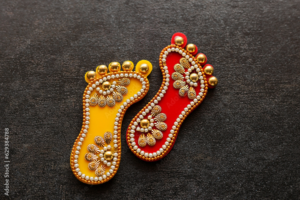 Dhanteras goddess golden feet. Thali for festival celebration to ...