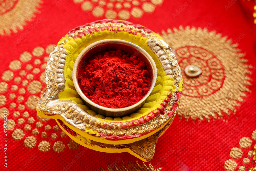kumkum powder in golden bowl use for indian traditional god worship and ...